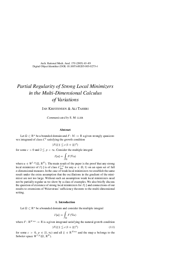 (PDF) Partial Regularity of Strong Local Minimizers in the MultiDimensional Calculus of Variations