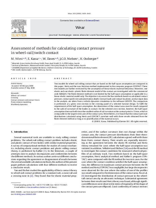 (PDF) Assessment of methods for calculating contact pressure in wheel-rail/switch contact