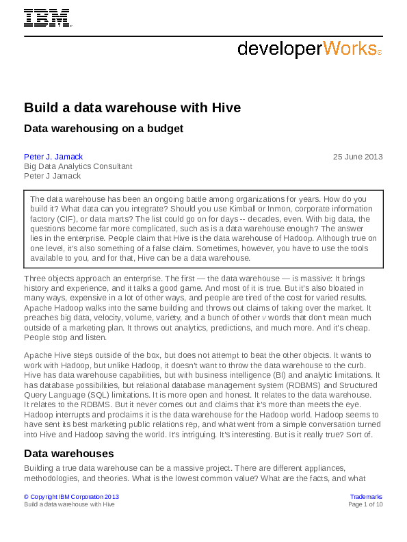 Build a data warehouse with Hive Data warehousing on a budget | Anh Bùi Quốc - Academia.edu