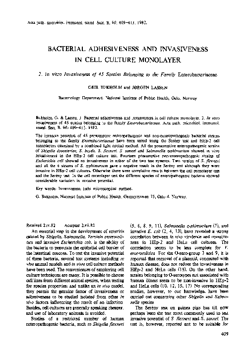 BACTERIAL ADHESIVENESS AND INVASIVENESS IN CELL CULTURE MONOLAYER: 2 ...