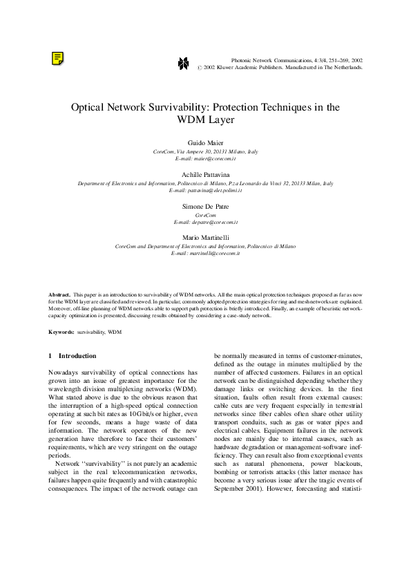 (PDF) Optical Network Survivability: Protection Techniques in the WDM Layer