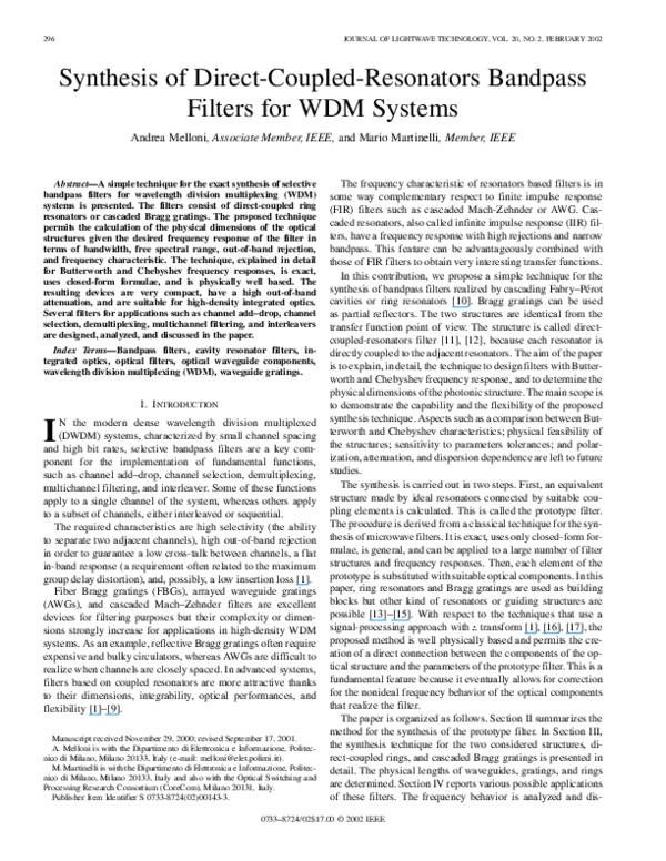 (PDF) Synthesis of direct-coupled-resonators bandpass filters for WDM ...