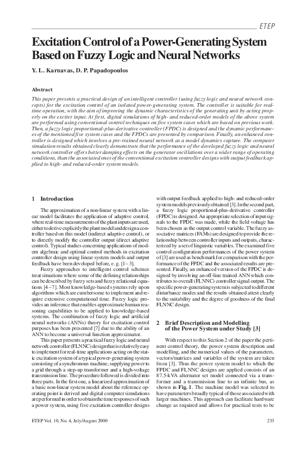 (PDF) Excitation control of a power-generating system based on fuzzy logic and neural networks