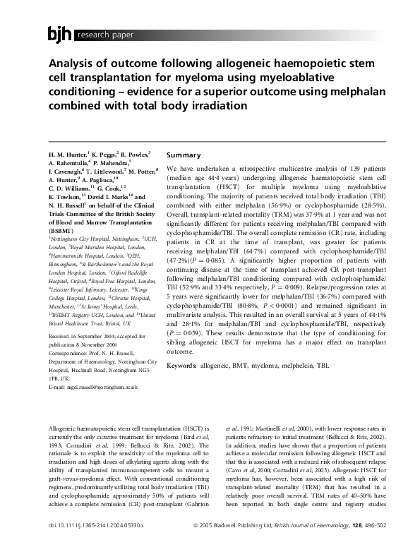 (PDF) Analysis of outcome following allogeneic haemopoietic stem cell ...