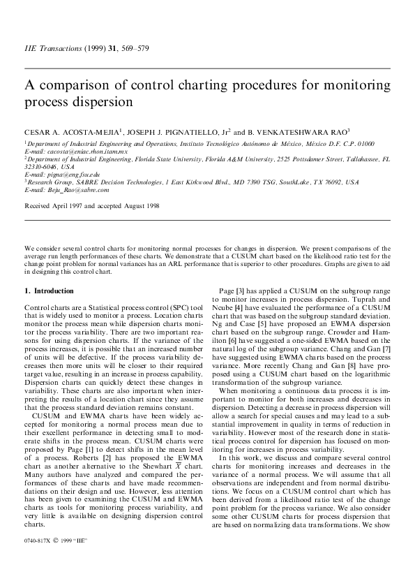 (PDF) A comparison of control charting procedures for monitoring process dispersion