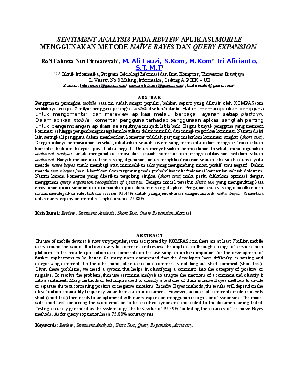 Doc Sentiment Analysis Pada Review Aplikasi Mobile Menggunakan Metode NaÏve Bayes Dan Query