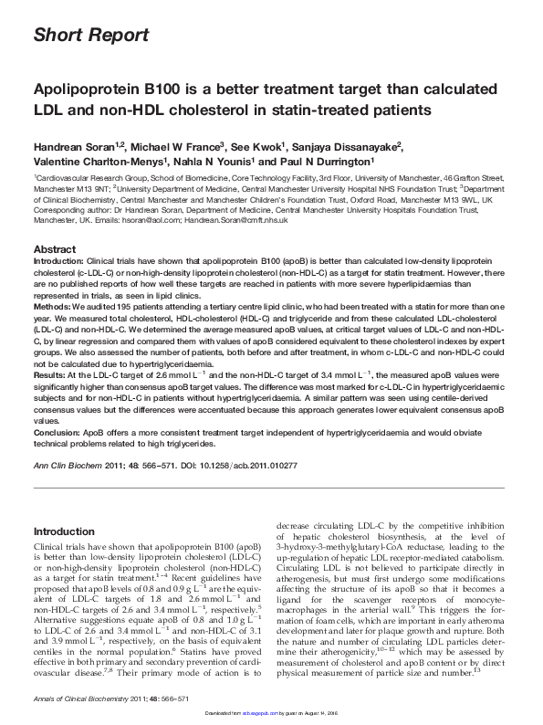 (PDF) Apolipoprotein B100 is a better treatment target than calculated ...