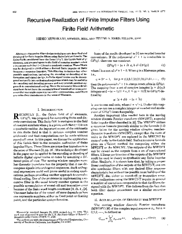 Pdf Recursive Realization Of Finite Impulse Filters Using Finite Field Arithmetic