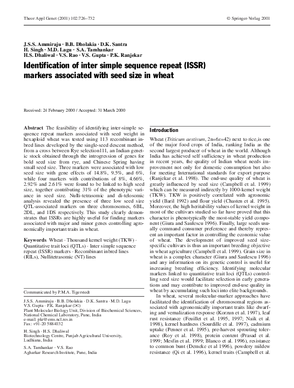 Pdf Identification Of Inter Simple Sequence Repeat Issr Markers Associated With Seed Size In