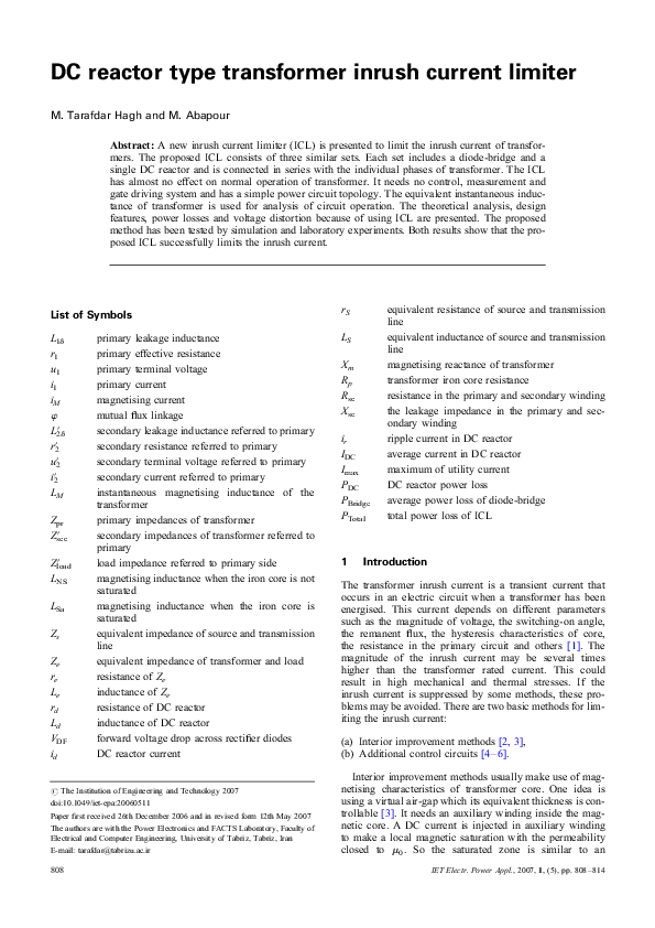 (PDF) DC reactor type transformer inrush current limiter