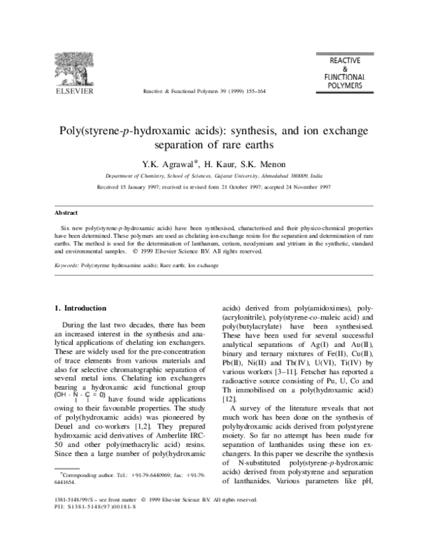 (PDF) Poly(styrene- p-hydroxamic acids): synthesis, and ion exchange separation of rare earths