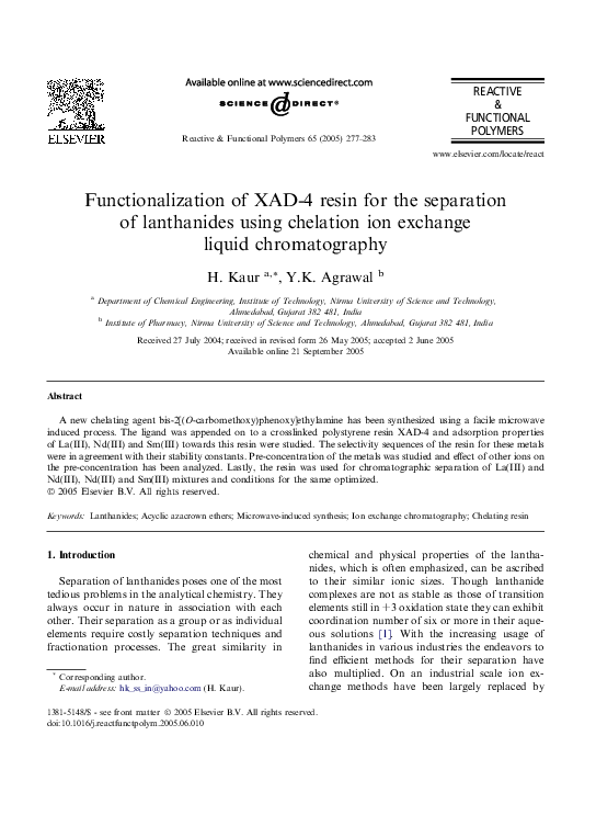 (PDF) Functionalization of XAD-4 resin for the separation of ...