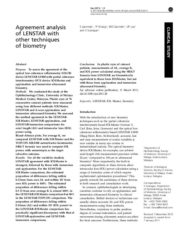 (PDF) Agreement analysis of LENSTAR with other techniques of biometry