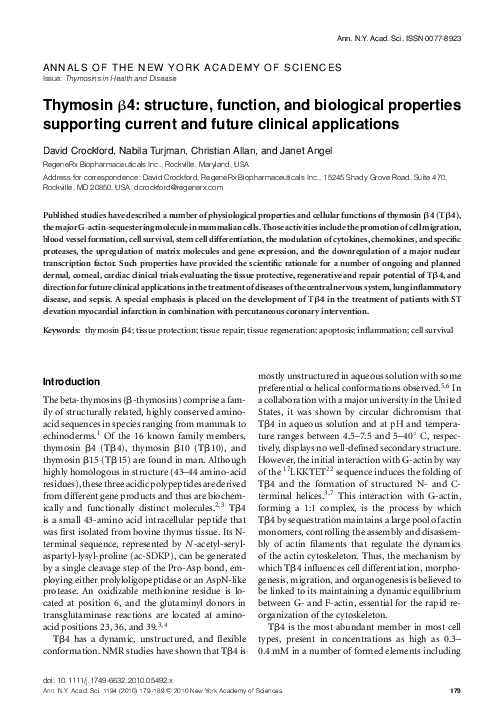 (PDF) Thymosin beta4: structure, function, and biological properties ...