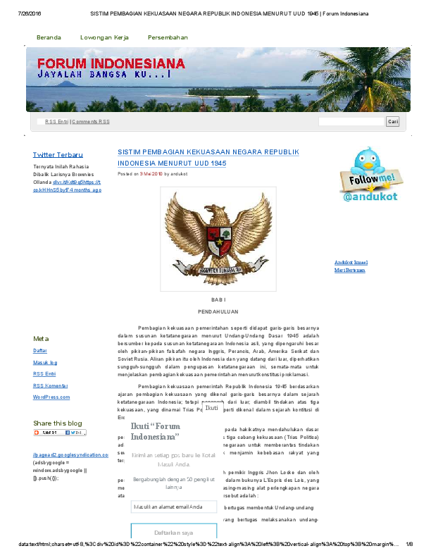 Pdf Sistim Pembagian Kekuasaan Negara Republik Indonesia Menurut Uud 1945 Forum Indonesiana 