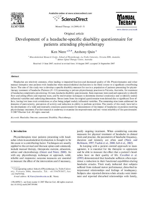 (PDF) Development of a headache-specific disability questionnaire for ...