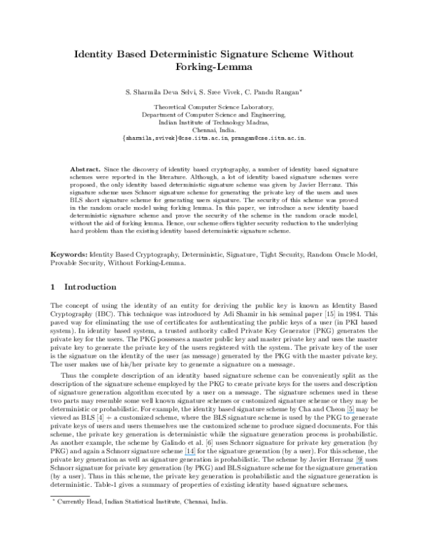 Pdf Identity Based Deterministic Signature Scheme Without Forking Lemma