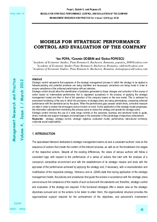 (PDF) Models for Strategic Performance Control and Evaluation of the ...