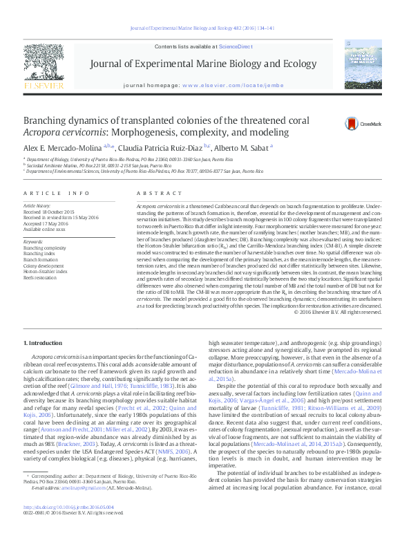 (PDF) Branching dynamics of transplanted colonies of the threatened coral Acropora cervicornis ...