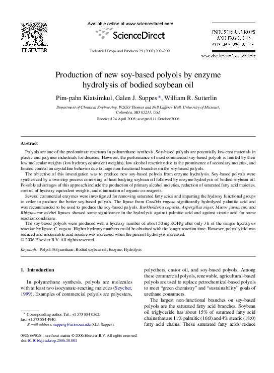(PDF) Production of new soy-based polyols by enzyme hydrolysis of ...