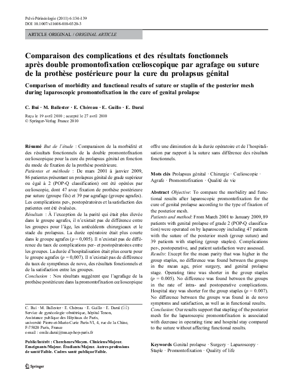 (PDF) Comparaison des complications et des résultats fonctionnels après ...