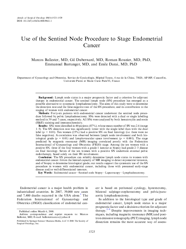 (PDF) Use of the Sentinel Node Procedure to Stage Endometrial Cancer