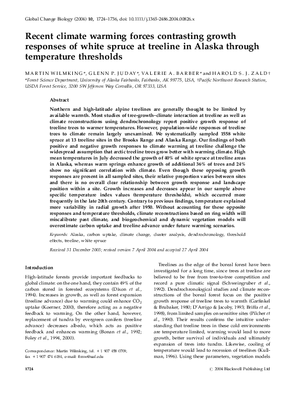 (PDF) Recent climate warming forces contrasting growth responses of white spruce at treeline in ...