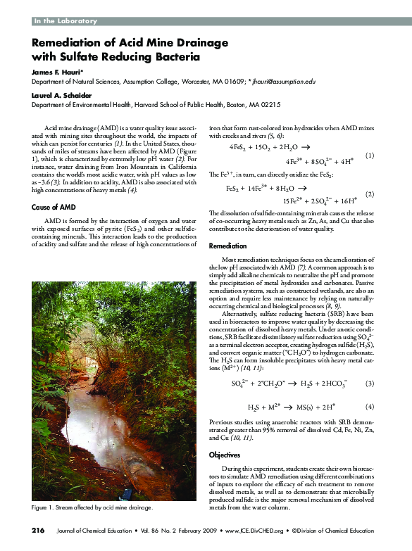 Pdf Remediation Of Acid Mine Drainage With Sulfate Reducing Bacteria