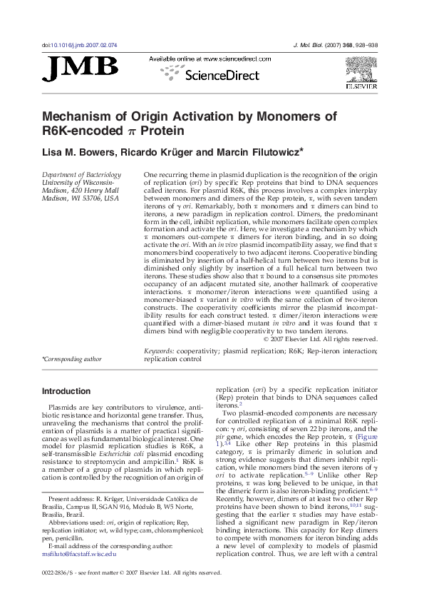 (PDF) Mechanism of Origin Activation by Monomers of R6K-encoded π Protein