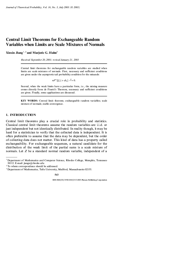 (PDF) Central Limit Theorems for Exchangeable Random Variables When Limits Are Scale Mixtures of ...