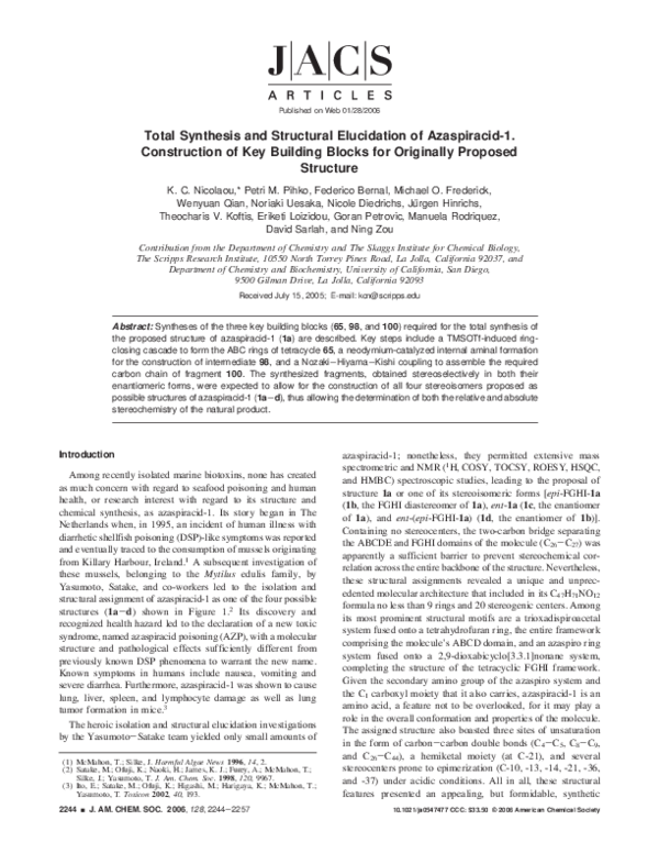 (PDF) Total Synthesis and Structural Elucidation of Azaspiracid-1. Construction of Key Building ...