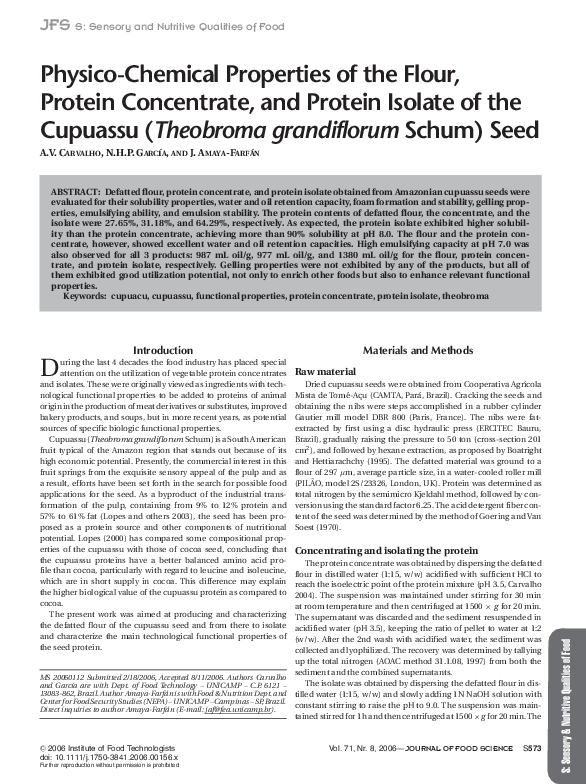 (PDF) Physico-Chemical Properties of the Flour, Protein Concentrate, and Protein Isolate of the ...