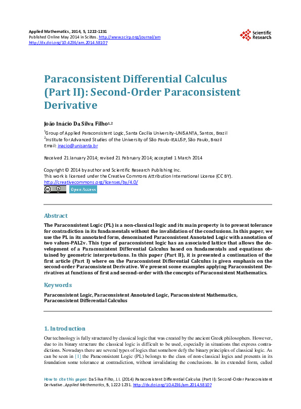 (PDF) Paraconsistent Differential Calculus (Part II): Second-Order Paraconsistent Derivative