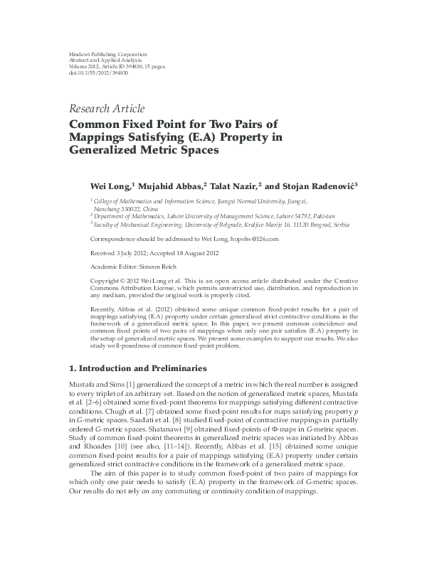 Pdf Common Fixed Point For Two Pairs Of Mappings Satisfying E A Property In Generalized