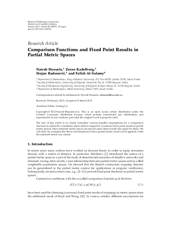 (PDF) Comparison Functions and Fixed Point Results in Partial Metric Spaces