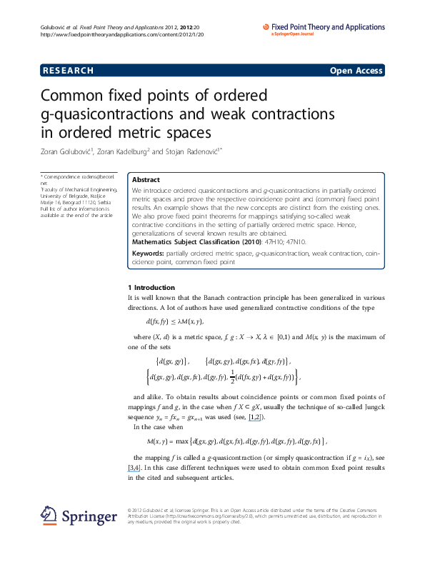 Pdf Common Fixed Points Of Ordered G Quasicontractions And Weak Contractions In Ordered Metric
