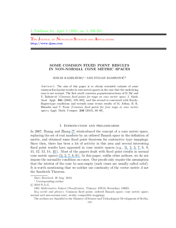 Pdf Some Common Fixed Point Results In Non Normal Cone Metric Spaces