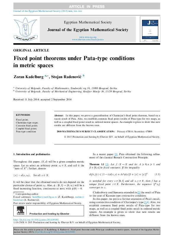Pdf Fixed Point Theorems Under Pata Type Conditions In Metric Spaces