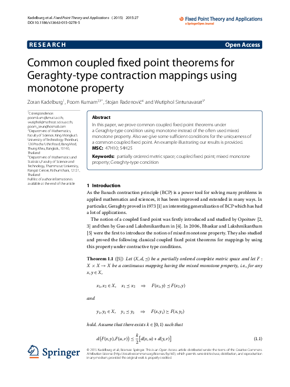 Pdf Common Coupled Fixed Point Theorems For Geraghty Type Contraction Mappings Using Monotone