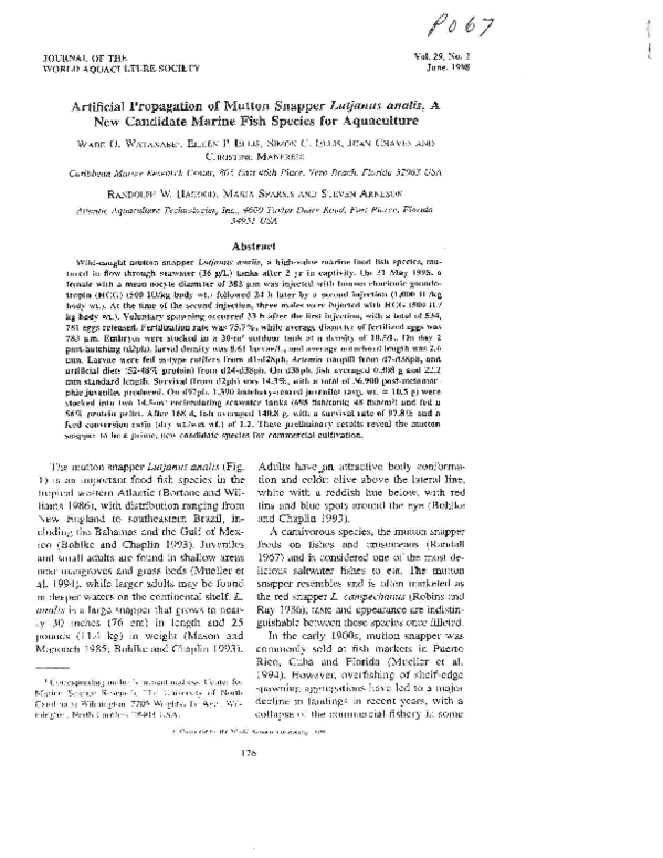 (PDF) Artificial Propagation of Mutton Snapper Lutjanus analis, A New ...