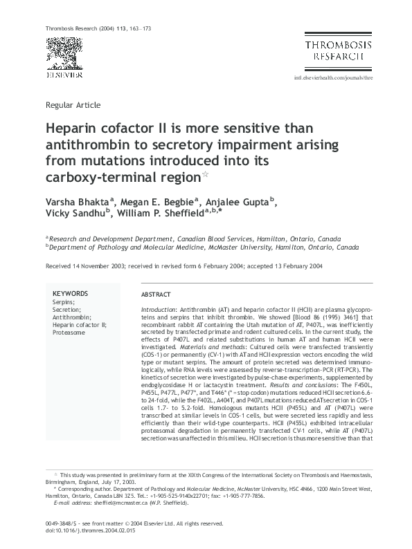 (PDF) Heparin cofactor II is more sensitive than antithrombin to ...