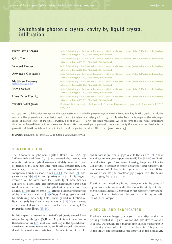 (PDF) Switchable photonic crystal cavity by liquid crystal infiltration