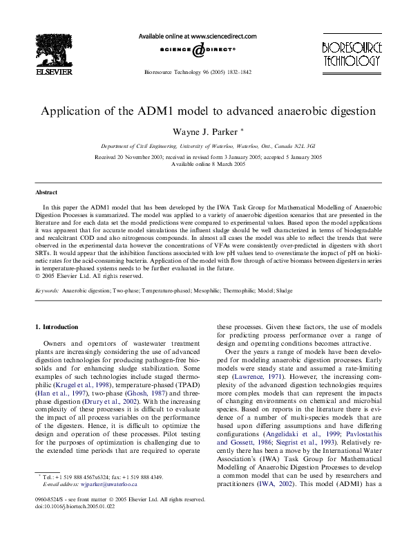 Application of the ADM1 model to advanced anaerobic digestion