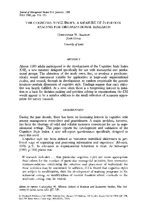 (PDF) The Cognitive Style Index: A Measure of Intuition-Analysis For ...