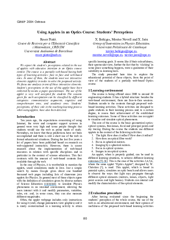 (PDF) Using Applets in an Optics Course: Students' Perceptions