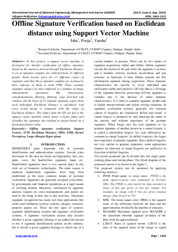 Pdf Offline Signature Verification Based On Euclidean Distance Using Support Vector Machine