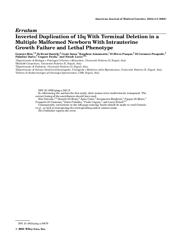 Pdf Inverted Duplication Of 15q With Terminal Deletion In A Multiple