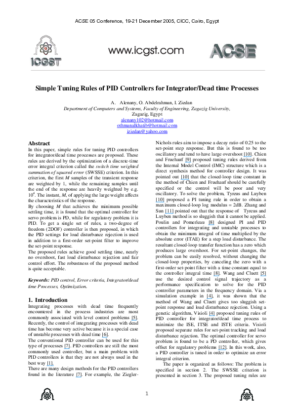 (PDF) Simple Tuning Rules of PID Controllers for Integrator/Dead time Processes