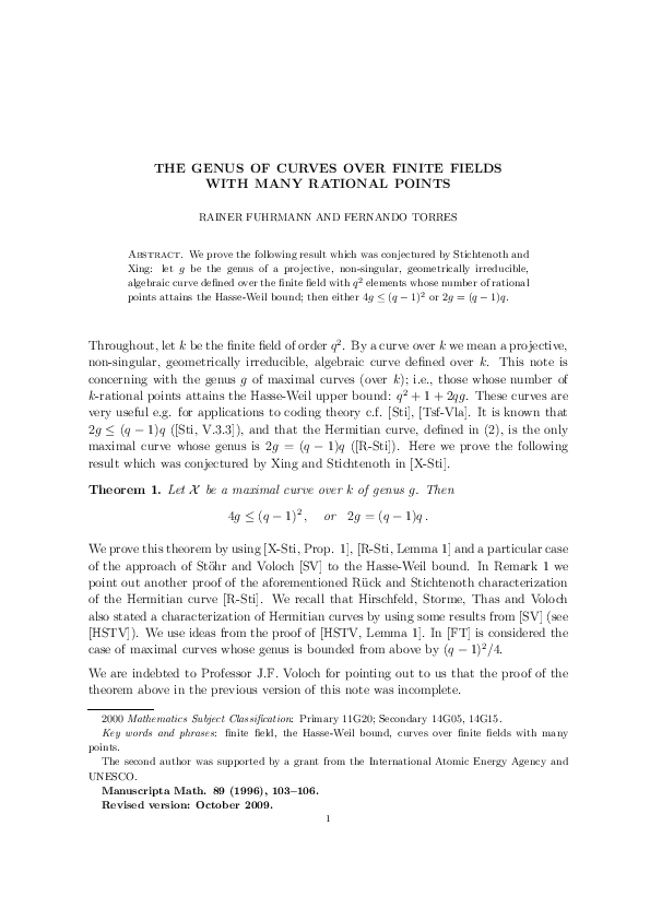 Pdf The Genus Of Curves Over Finite Fields With Many Rational Points
