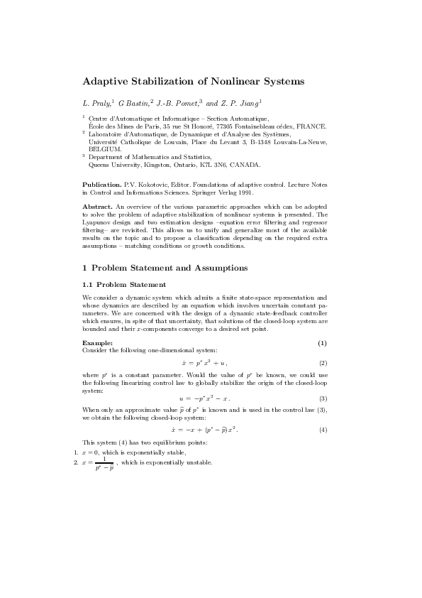 (PDF) Adaptive stabilization of nonlinear systems